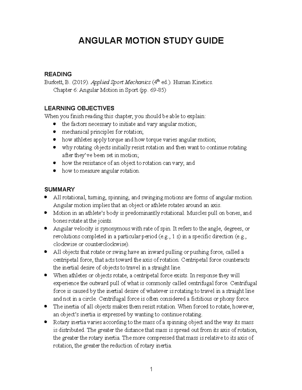 Angular Motion study guide - ANGULAR MOTION STUDY GUIDE READING Burkett ...