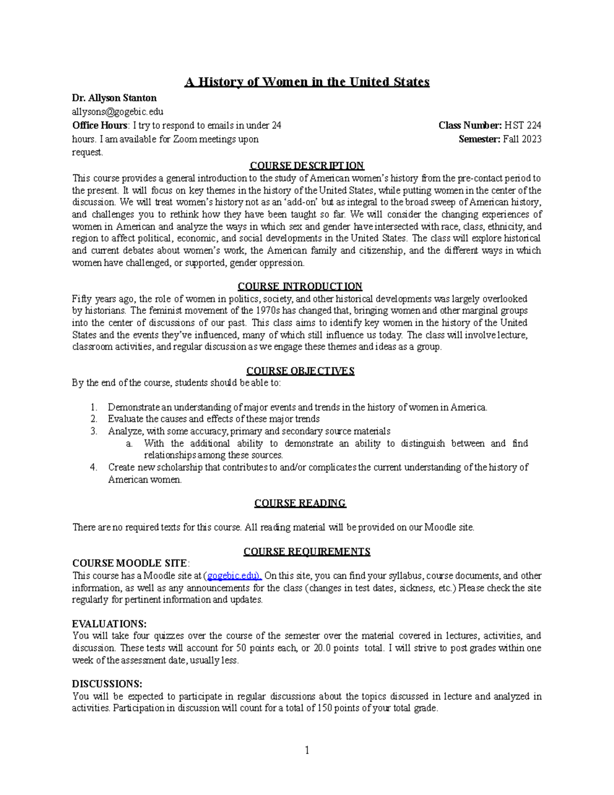 A History of Women in the United States, Syllabus - A History of Women ...