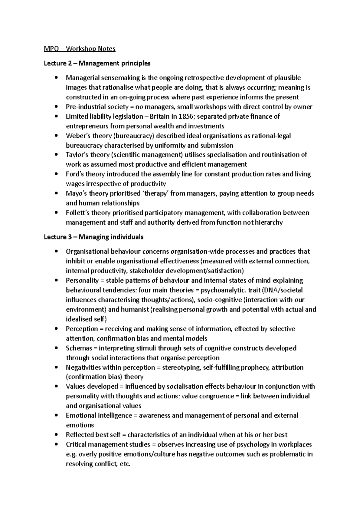 MPO - Workshop + Lecture Notes - MPO – Workshop Notes Lecture 2 ...