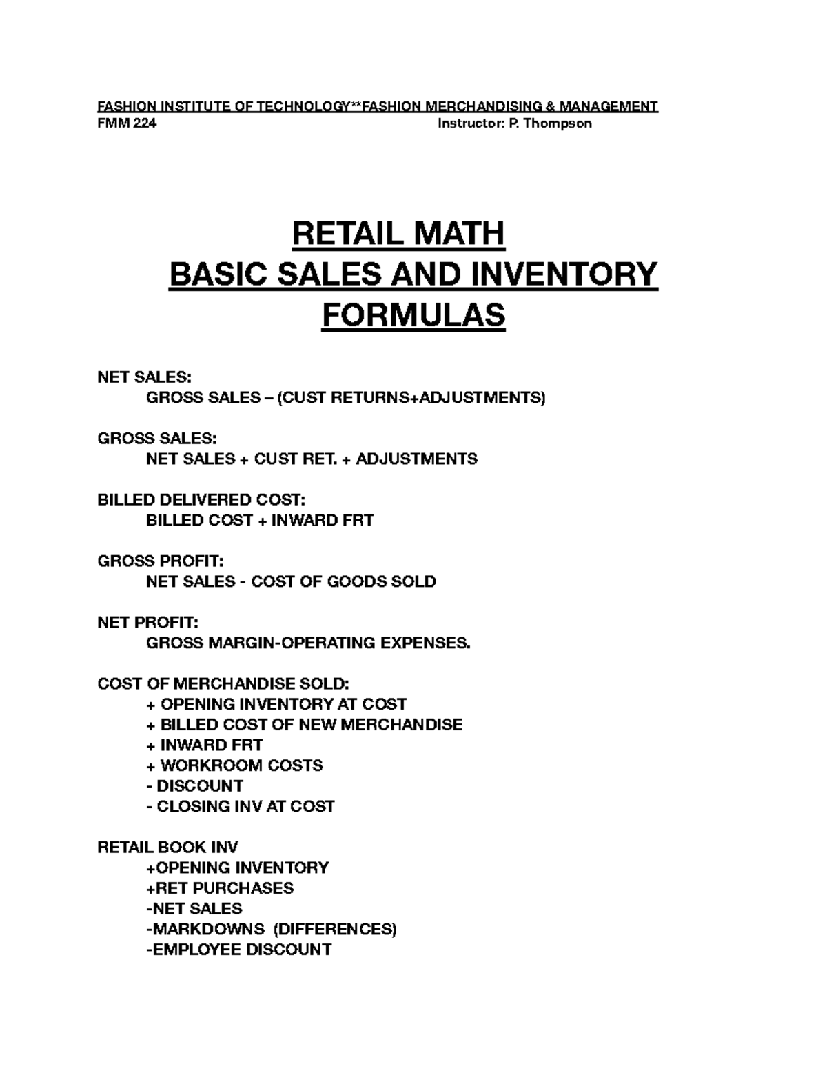 224 Formulasalesinv - Merchandising Math Applications Sales Inventory ...