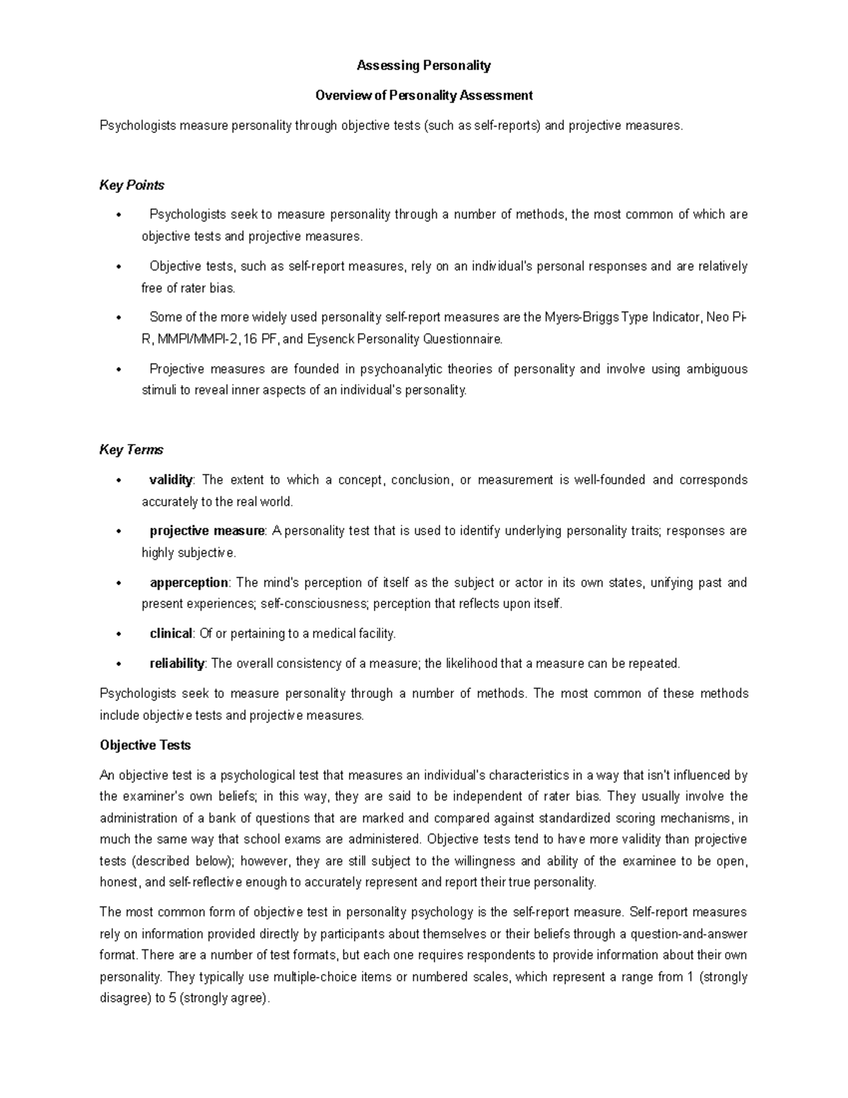 Psy-testing - notes only - Assessing Personality Overview of ...