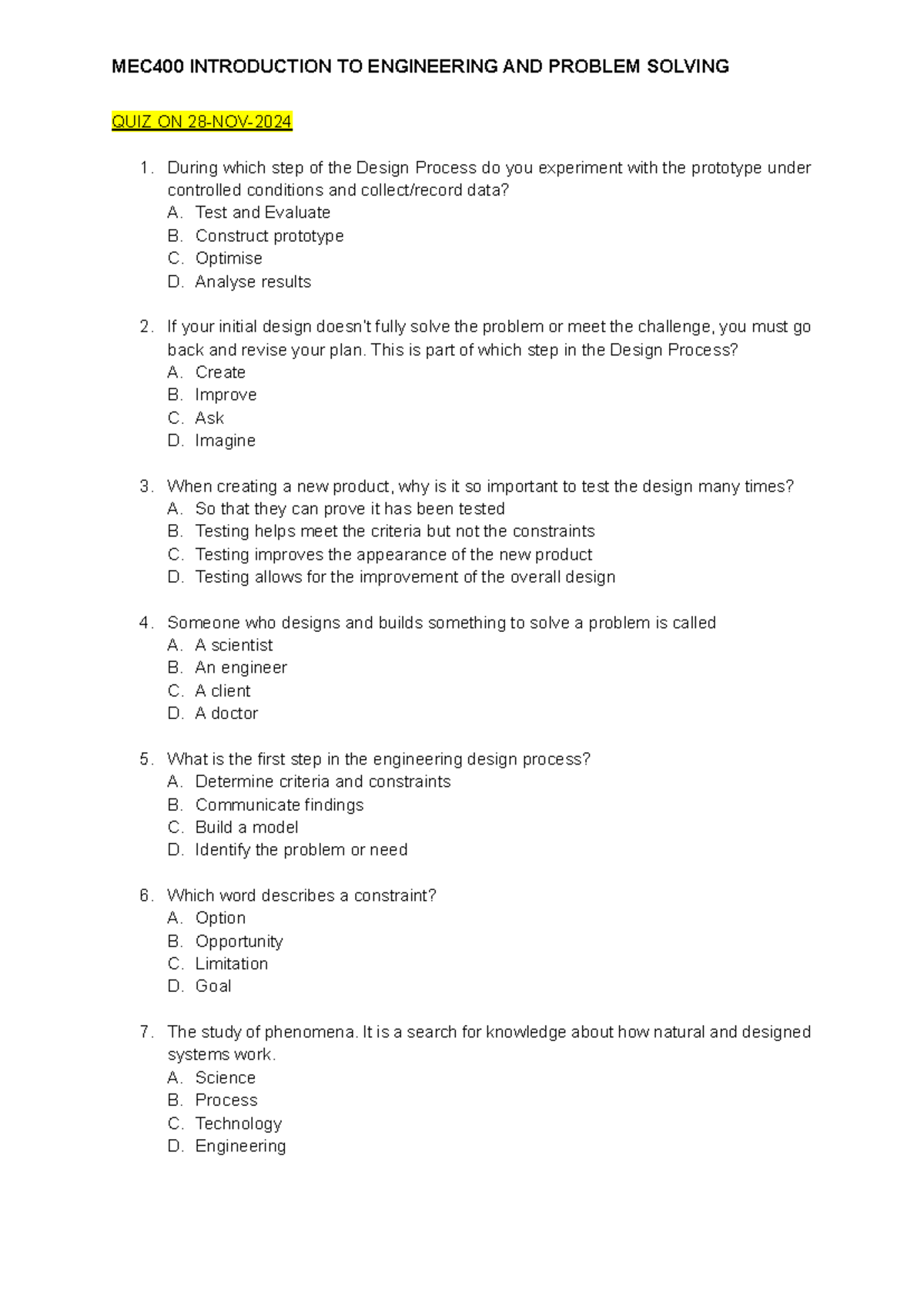 Impromptu Quiz - revision for midterm paper - QUIZ ON 28-NOV- 2024 ...