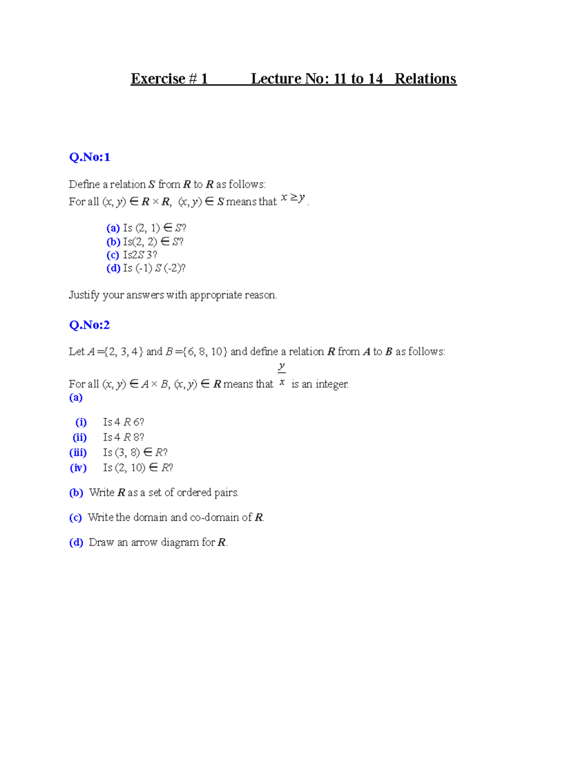 Exercise-1 Lect 11 to 14 Relations - Exercise # 1 Lecture No: 11 to 14 ...