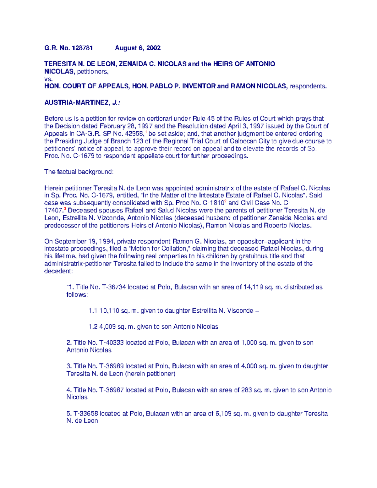 Spec Pro 15. De Leon vs CA - G. No. 128781 August 6, 2002 TERESITA N ...
