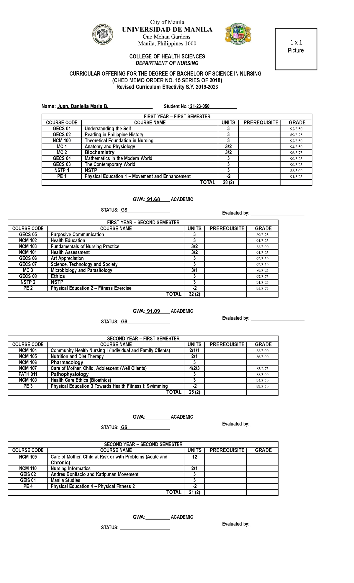 Curriculum Checklist 2019 2023 - City of Manila UNIVERSIDAD DE MANILA ...