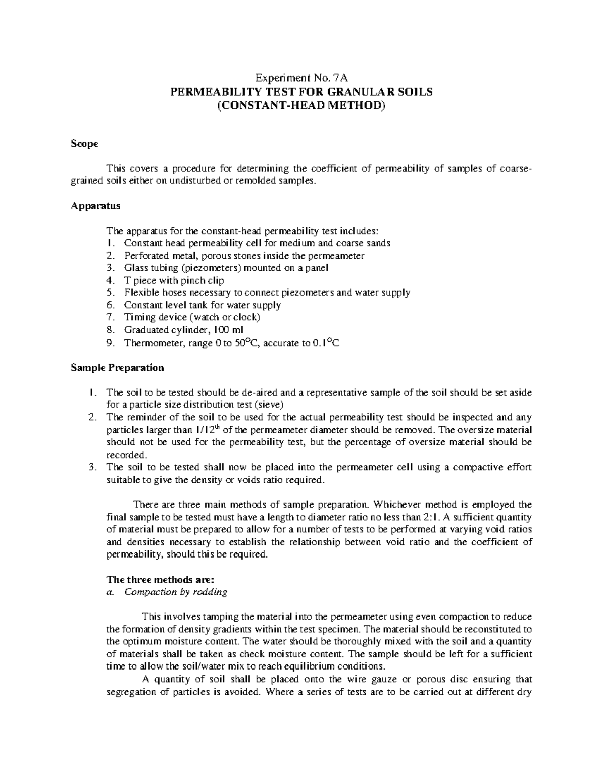 Experiment No. 7a - Experiment No. 7A PERMEABILITY TEST FOR GRANULAR ...