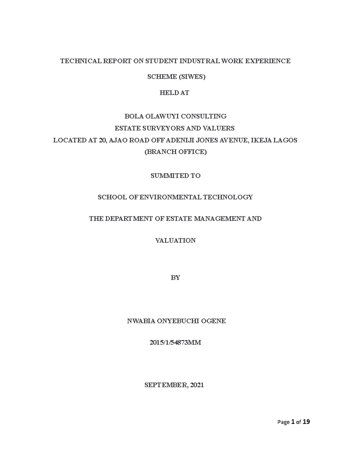 Technical Report ON Student Industrial WORK Experience Scheme ...