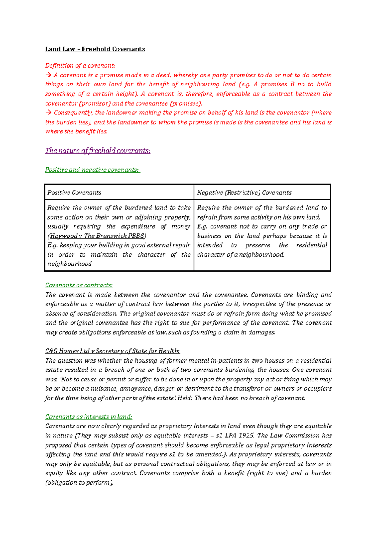 Freehold Covenants - Summary of lecture + book chapter - Land Law ...