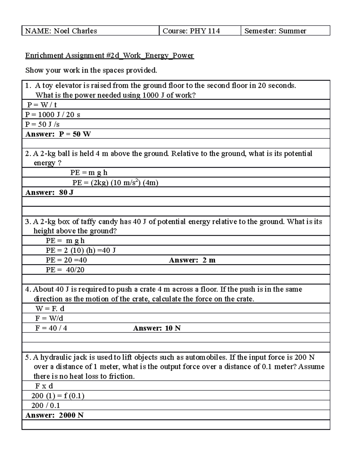 PHY114 Enrichment Assignment#2d Work Energy Power - NAME: Noel Charles ...