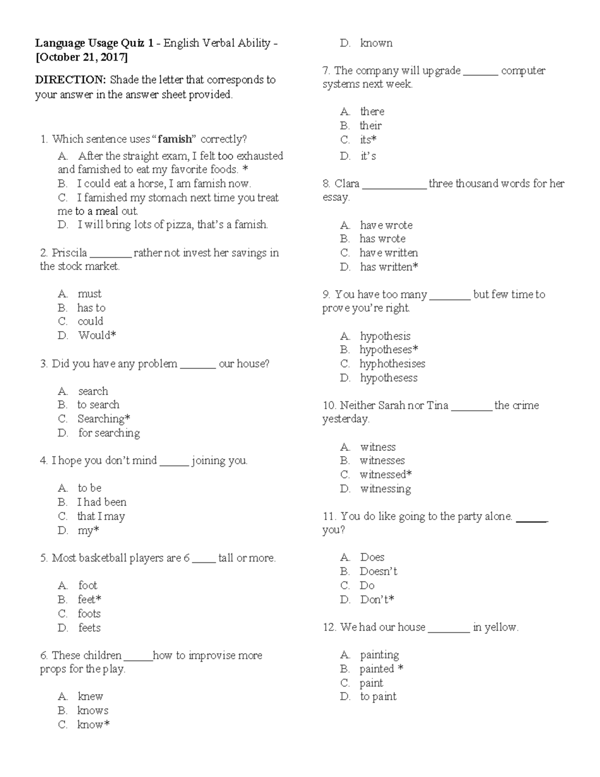 Huh - Language Usage Quiz 1 - English Verbal Ability - [October 21 ...