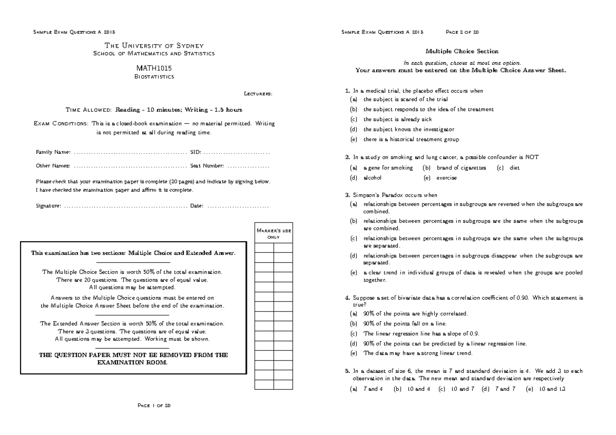 Sample/practice exam 8 February 2018, questions - Sample Exam Questions ...