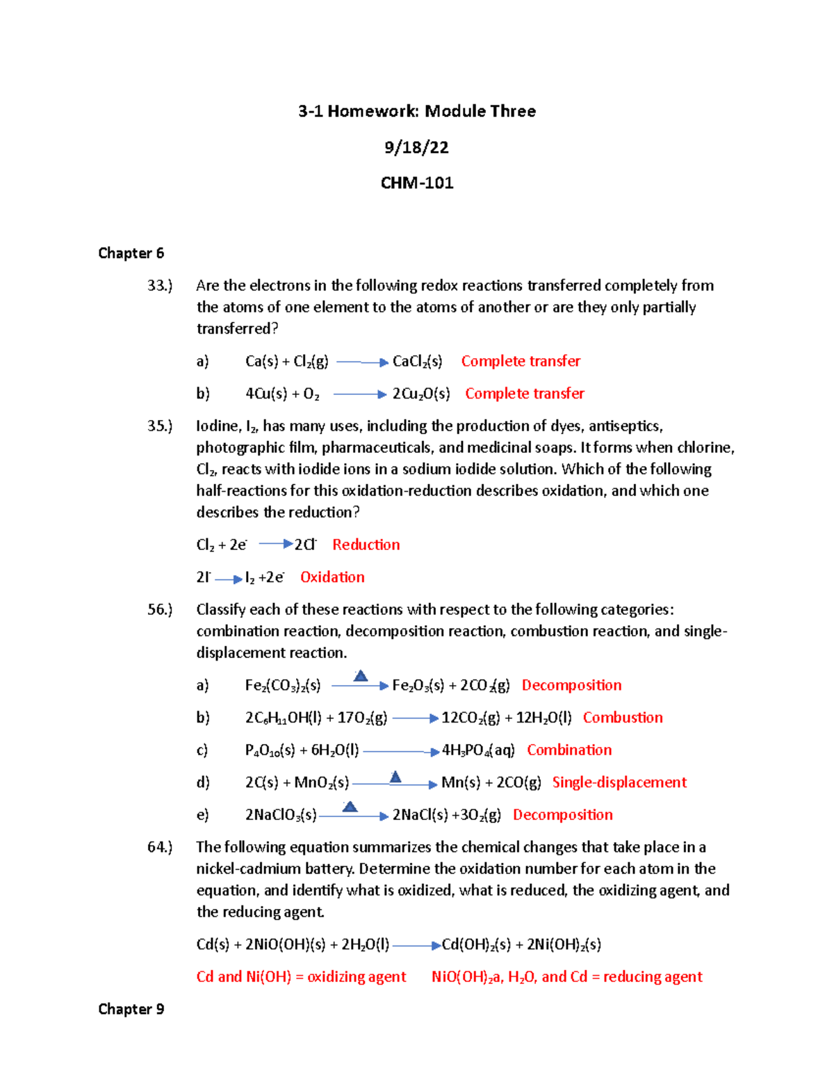 3-1 Homework - ) Are the electrons in the following redox reactions transferred completely from ...