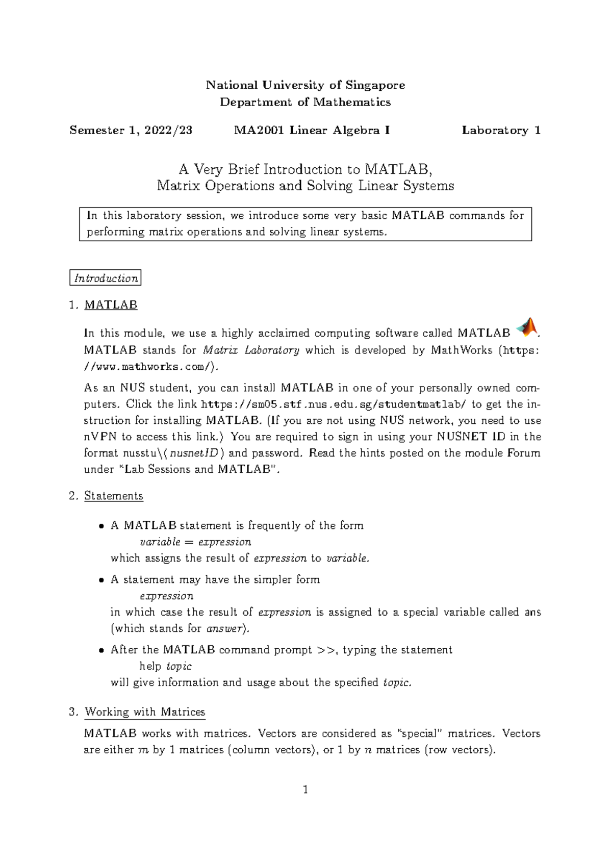 Lab1 - Lab 1 - National University of Singapore Department of ...