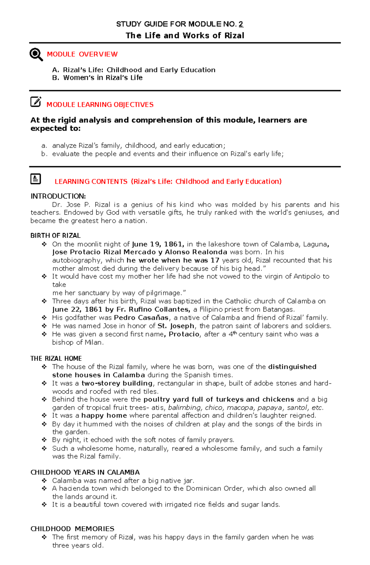 Module-2-rizal - STUDY GUIDE FOR MODULE NO. 2 The Life and Works of Rizal MODULE OVERVIEW A ...