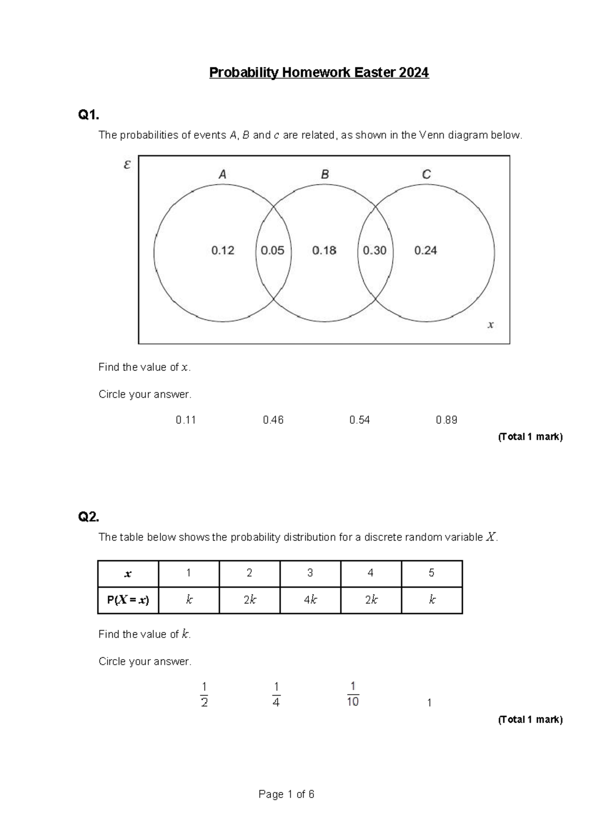Probabilityquestions - Probability Homework Easter 2024 Q1. The ...