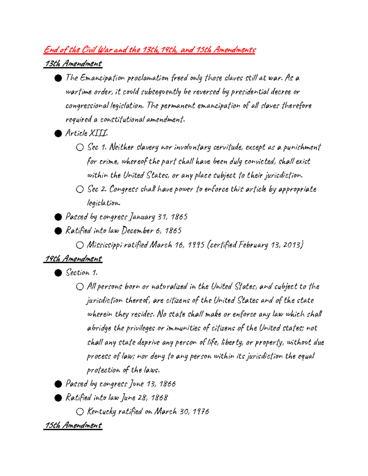 History 1302 - Lecture notes all - End of the Civil War and the 13th ...