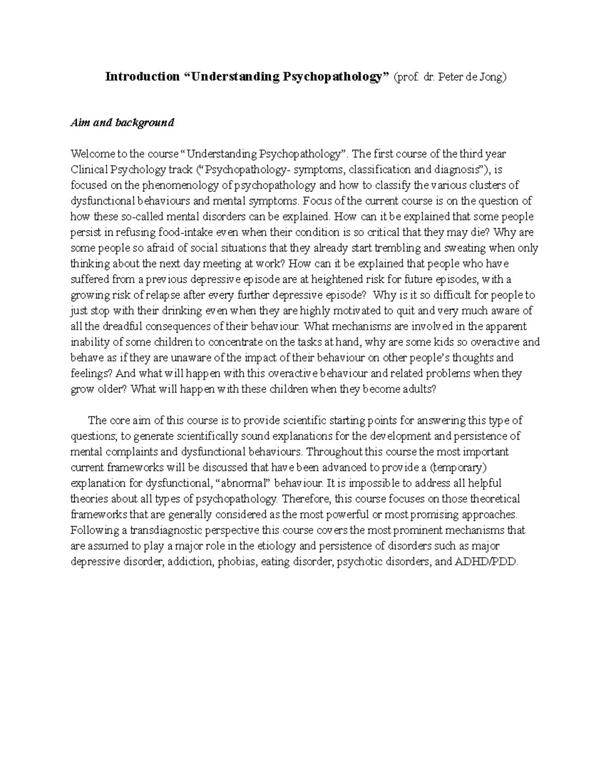 Introduction Understanding Psychopathology PSB3E-KO2 2018-2019 ...