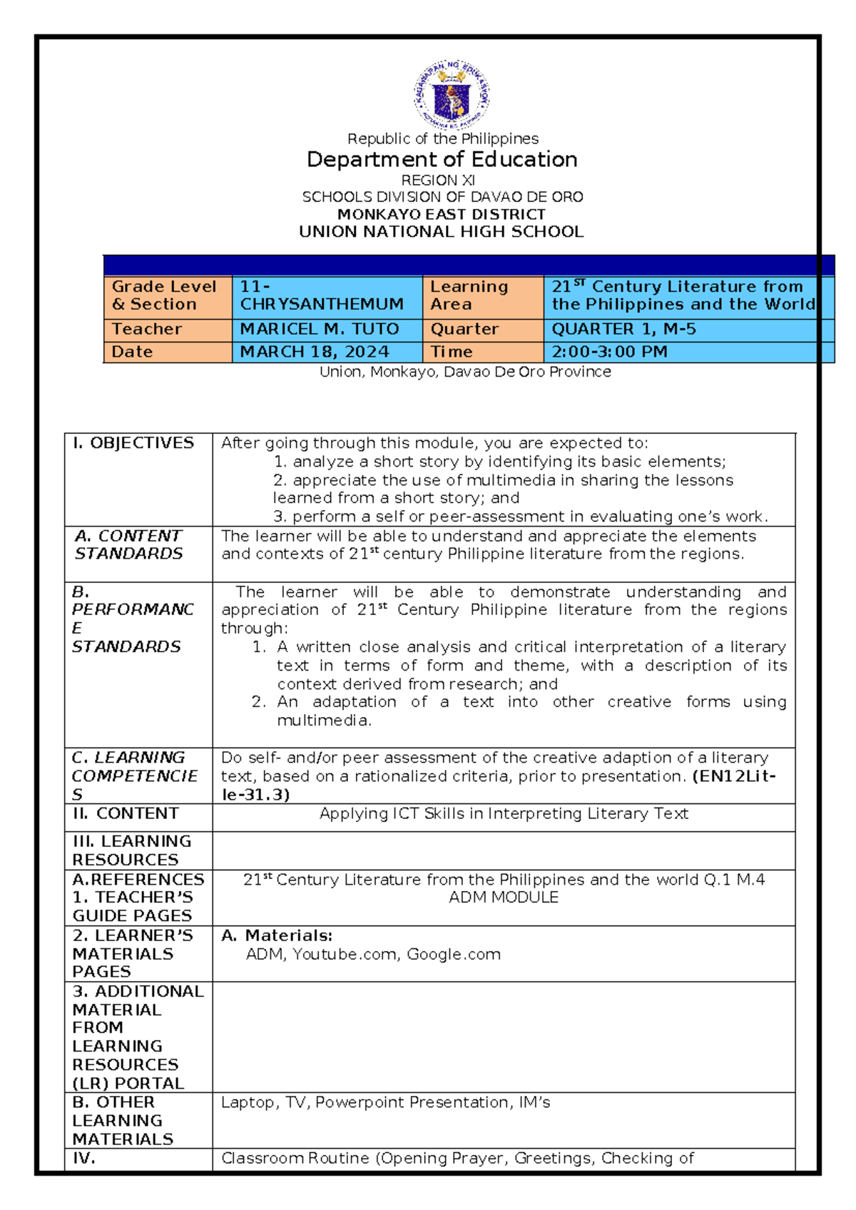 LP- FOR Module 5 - Pag study mo. - Republic of the Philippines ...