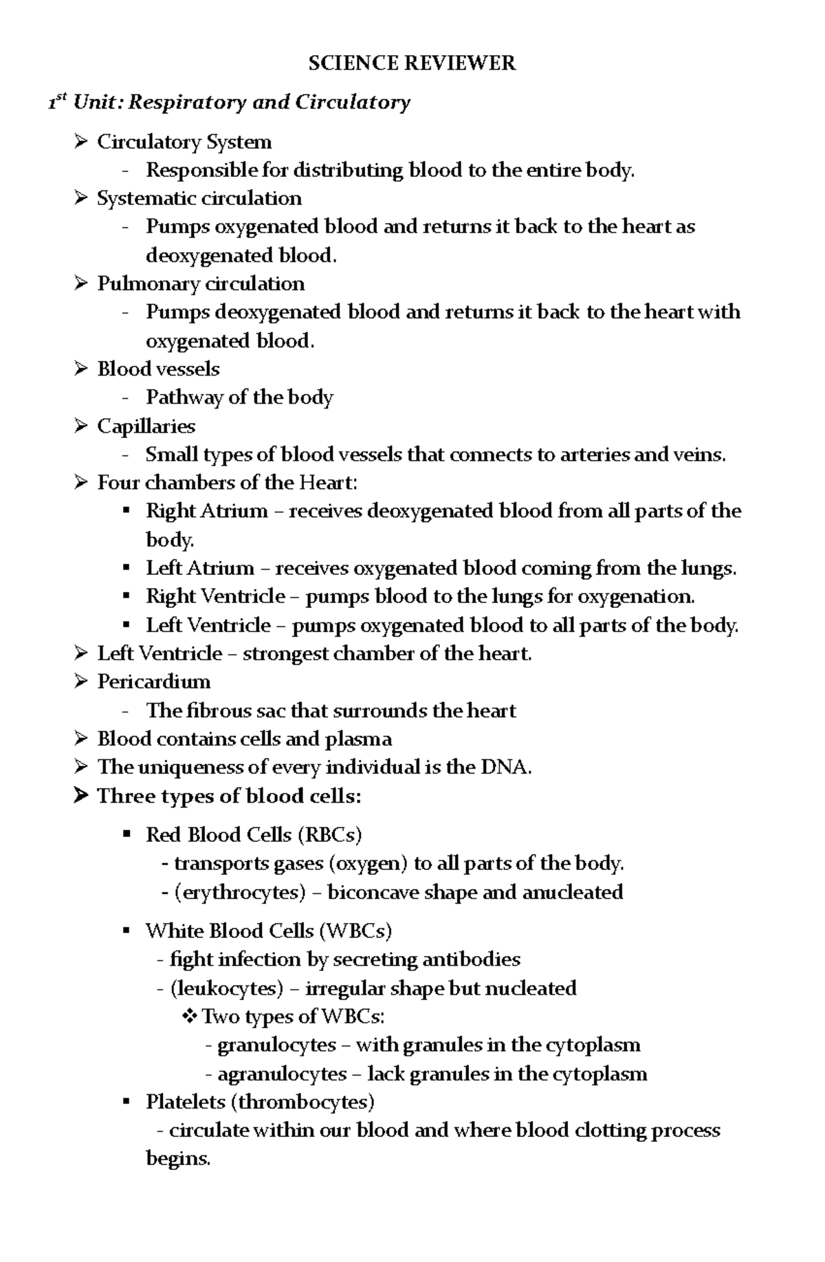 Science Reviewer ( Final) - SCIENCE REVIEWER 1 st Unit: Respiratory and ...