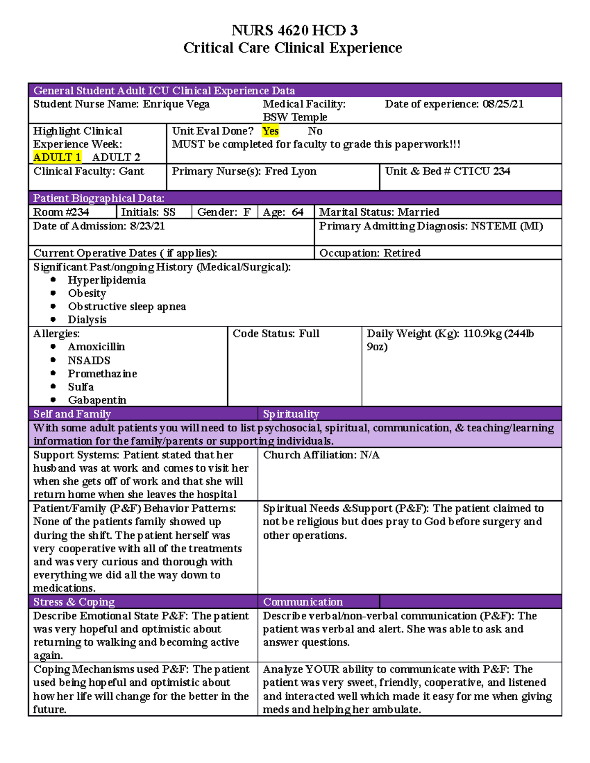 Adult CTICU Paperwork - Critical Care Clinical Experience General ...