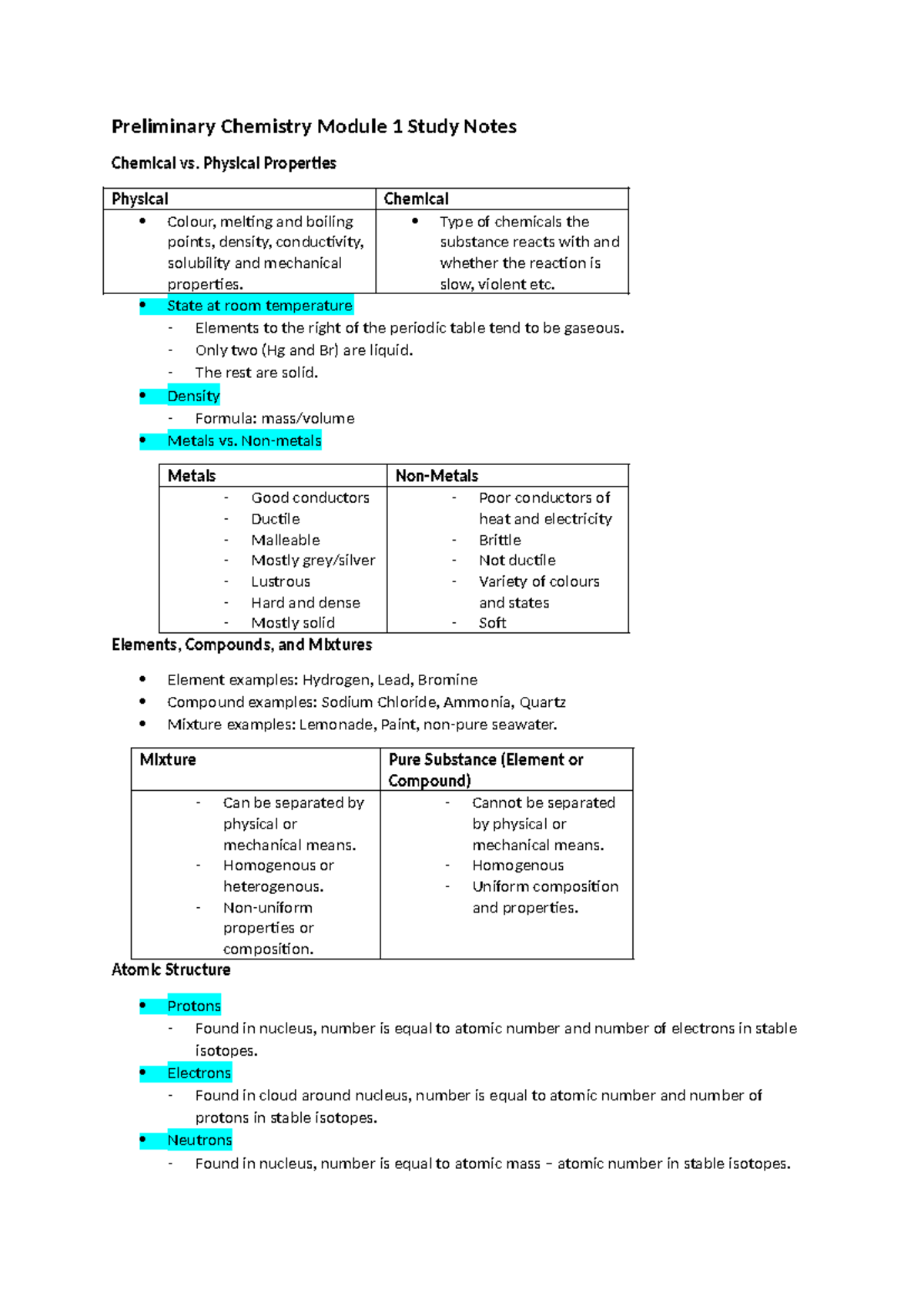 Preliminary Chemistry Module 1 Summary Notes - Preliminary Chemistry ...