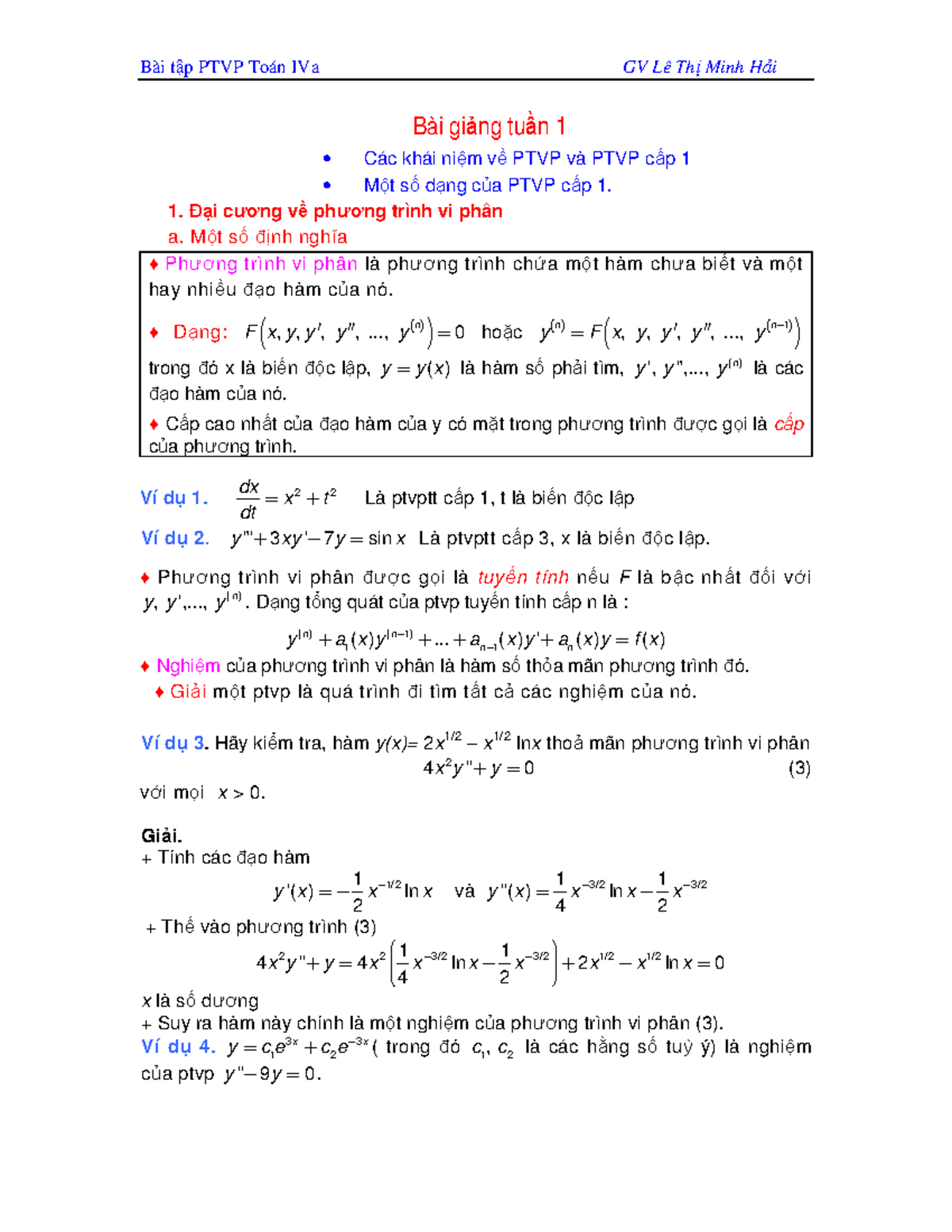 Ly thuyet toan 4a - ptvp - Bài gi ng tu n 1 Các khái ni m v PTVP và PTVP c p 1 M t s d ng c a ...