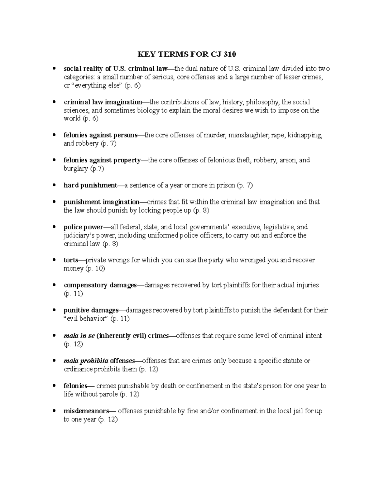 KEY Terms FOR CJ 310 - ..... - KEY TERMS FOR CJ 310 social reality of U. criminal law—the dual ...