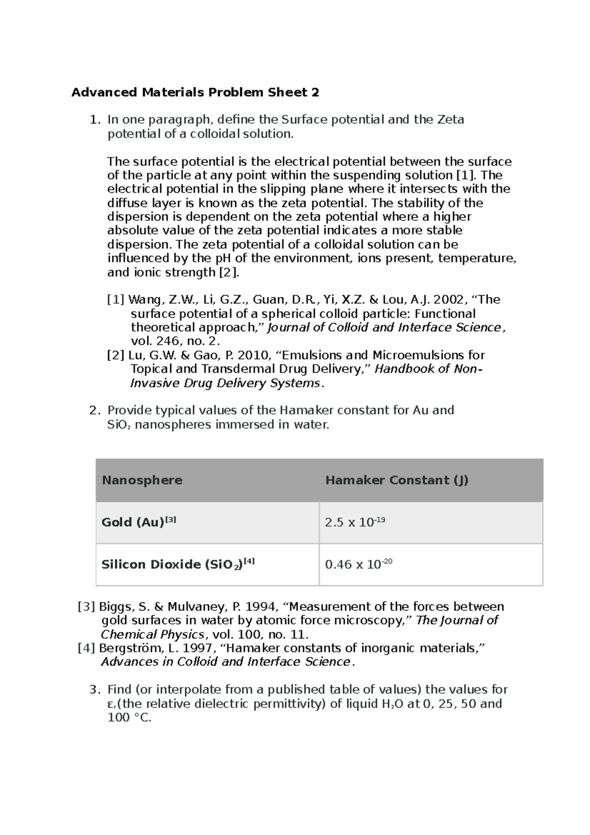 Advanced Materials Problem Sheet 2 - The surface potential is the ...