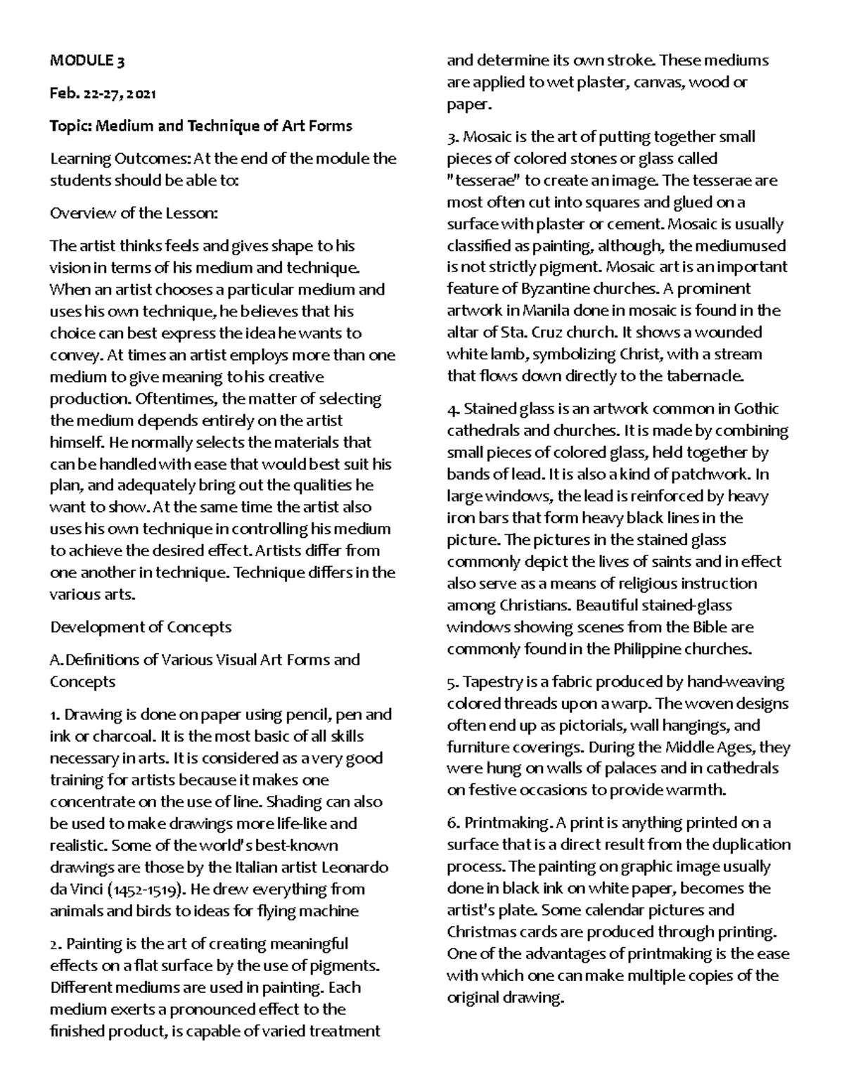 ART MOD 3 - Lecture notes 3 - MODULE 3 Feb. 22-27, 2021 Topic: Medium ...