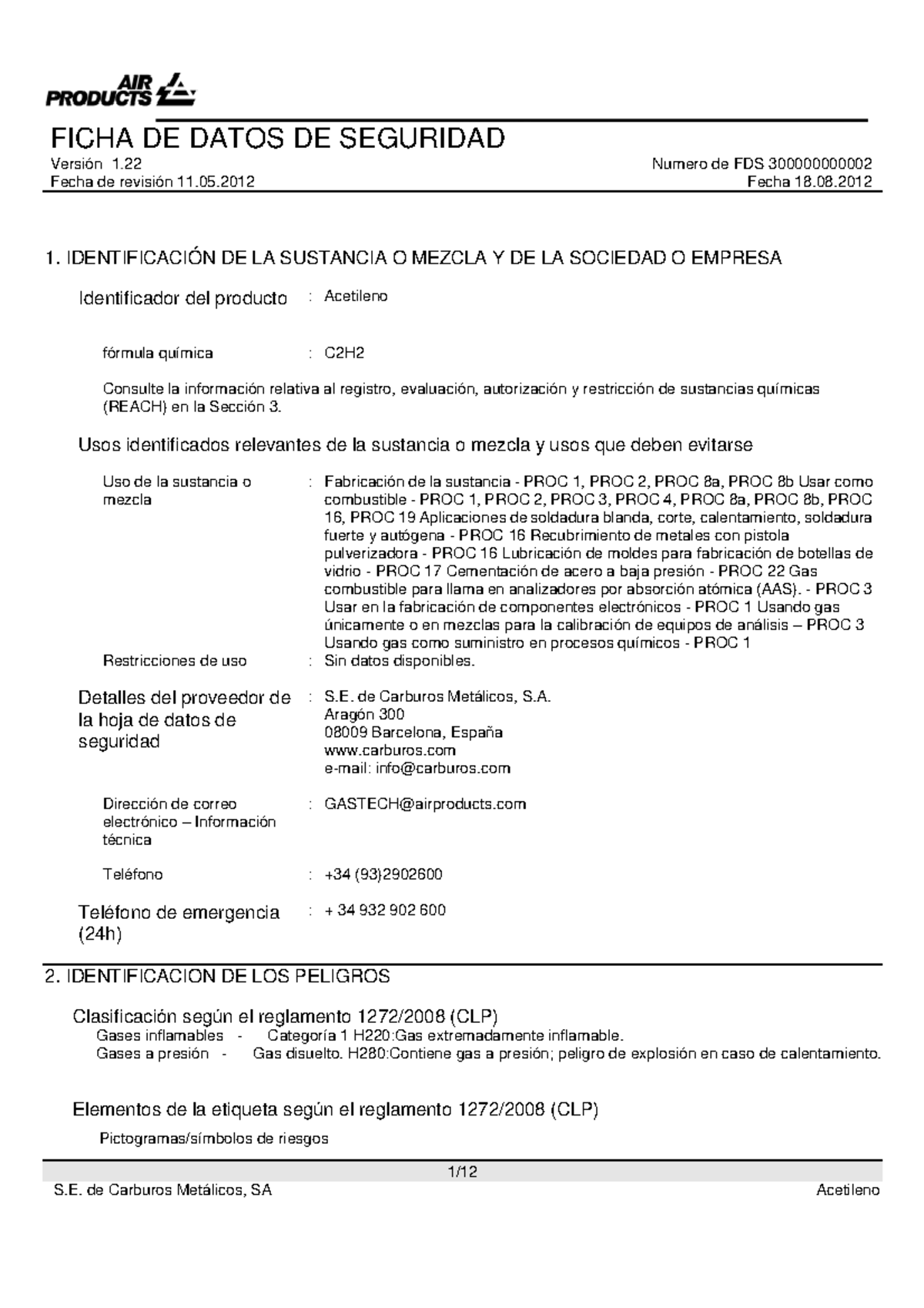 MSDS acetylene - informe - Versión 1. 22 Numero de FDS 300000000002 ...