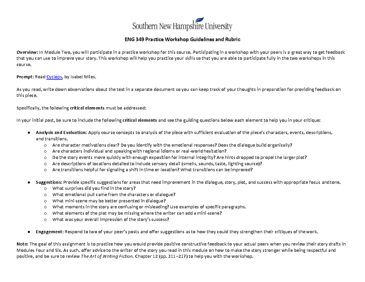 ENG 349 Practice Workshop Guidelines and Rubric - Participating in a ...