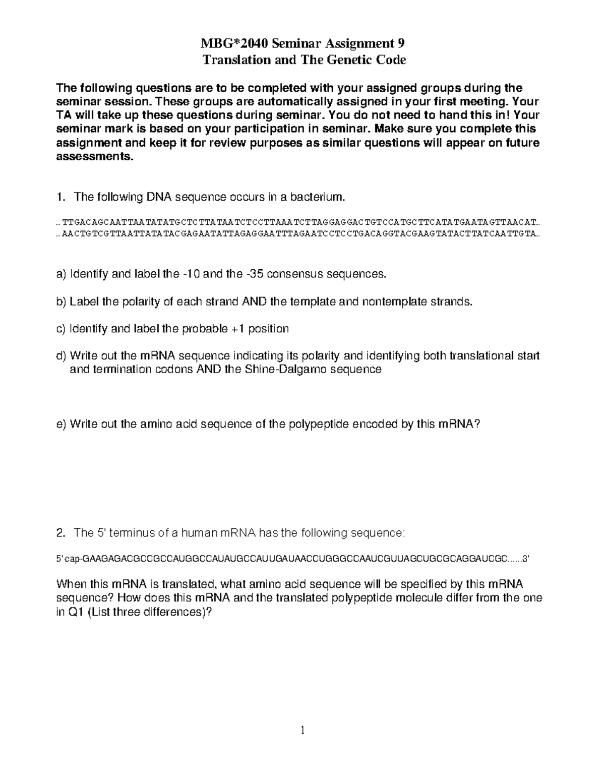 F22 Translation-Seminar 9 - Translation and The Genetic Code The following questions are to be ...
