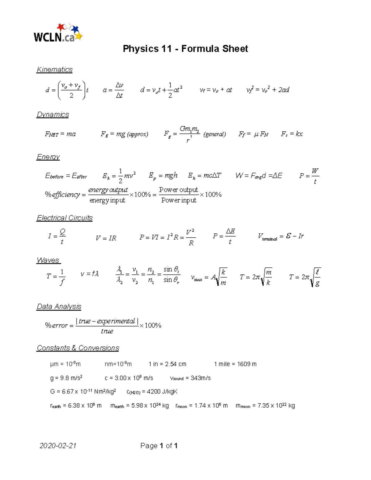 Jason Physics 11 formula - 2020-02-21 Page 1 of 1 Physics 11 - Formula ...
