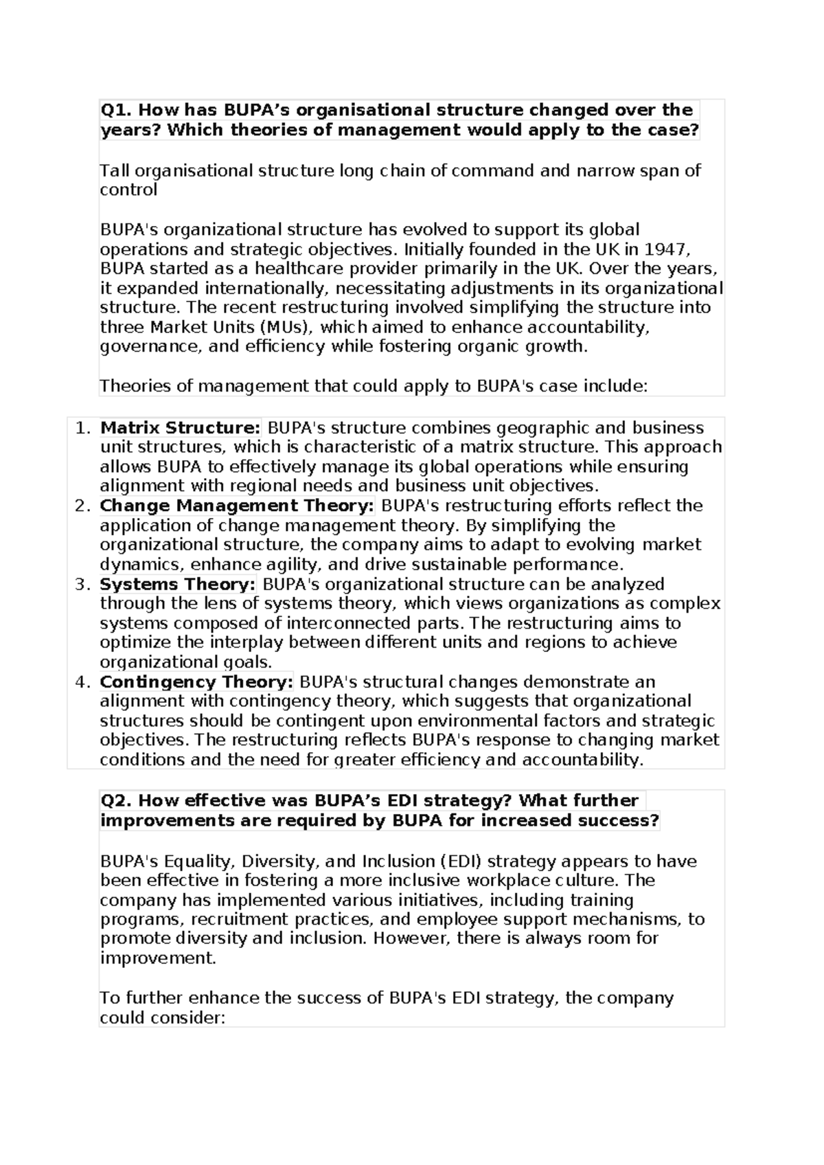 OB Seminar - Q1. How has BUPA’s organisational structure changed over ...