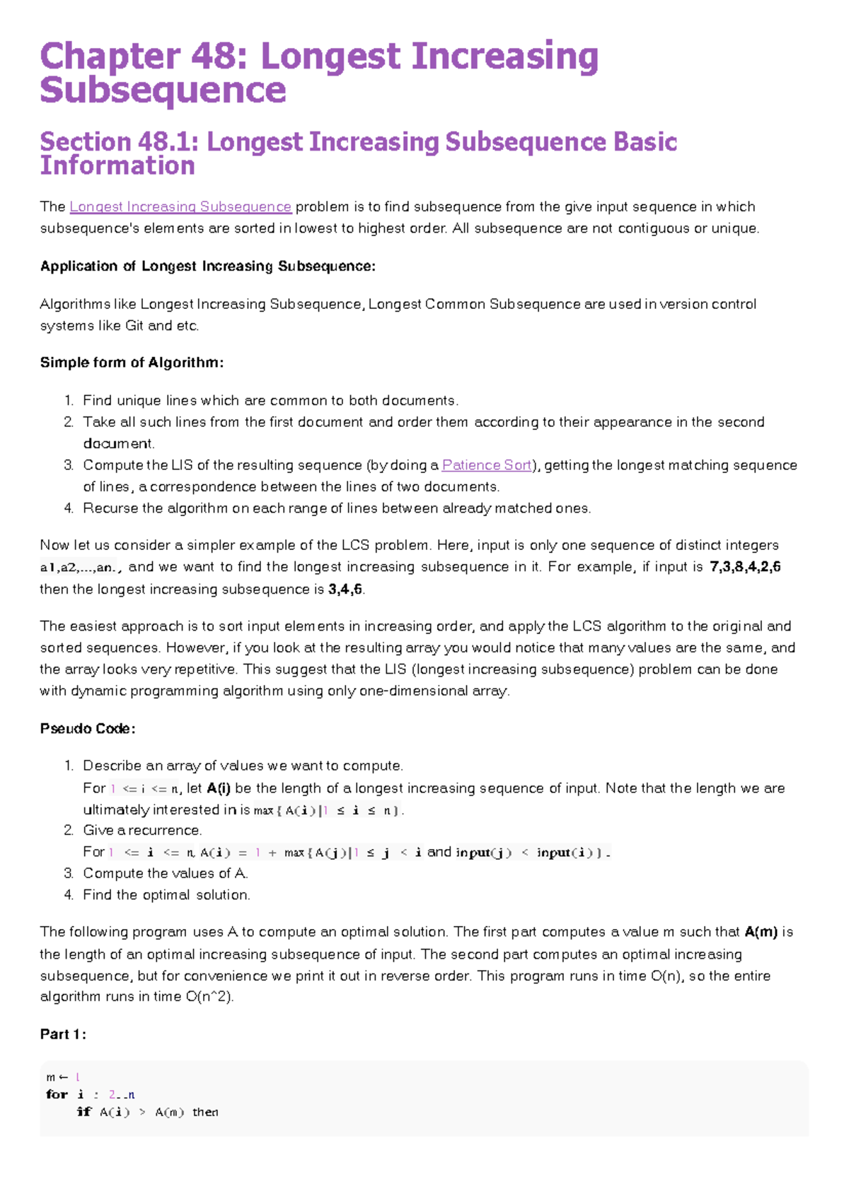 Algorithms 18 - m ← 1 for i : 2 . if A(i) > A(m) then Chapter 48: Longest Increasing Subsequence ...