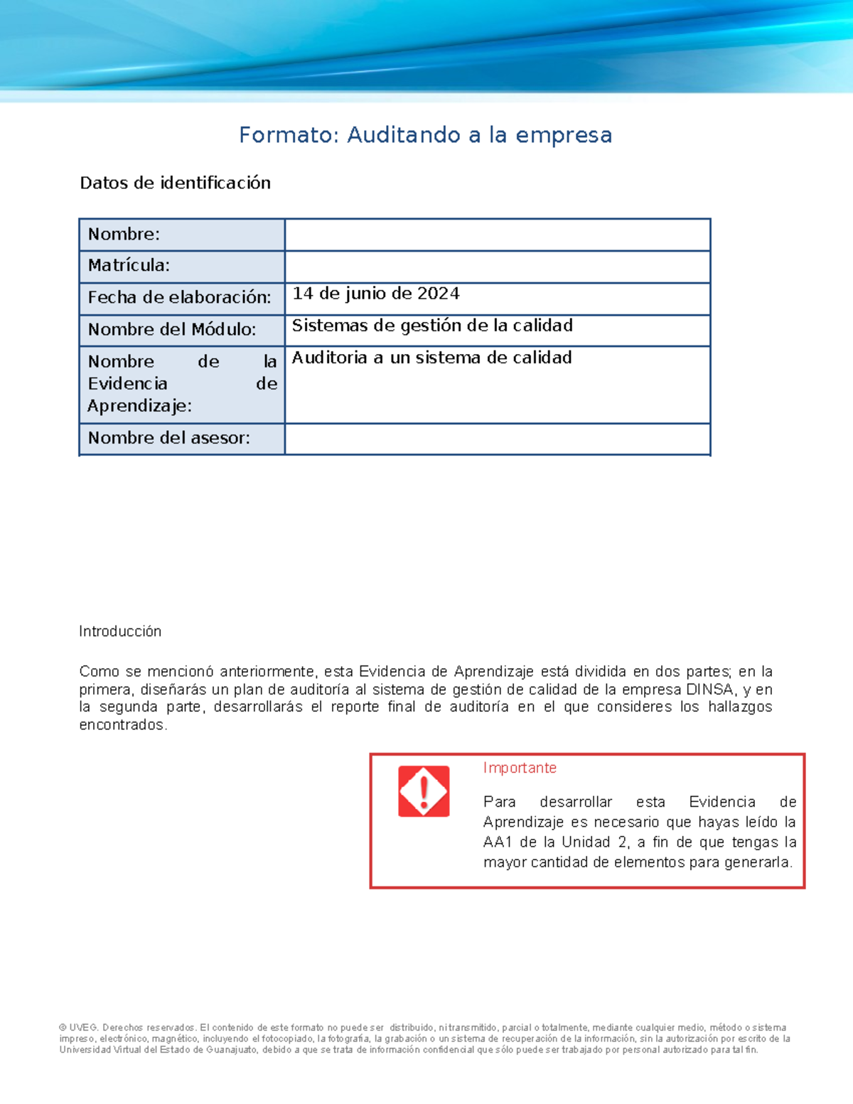 Auditoria a un sistema de calidad (caso Dinsa) - Formato: Auditando a ...