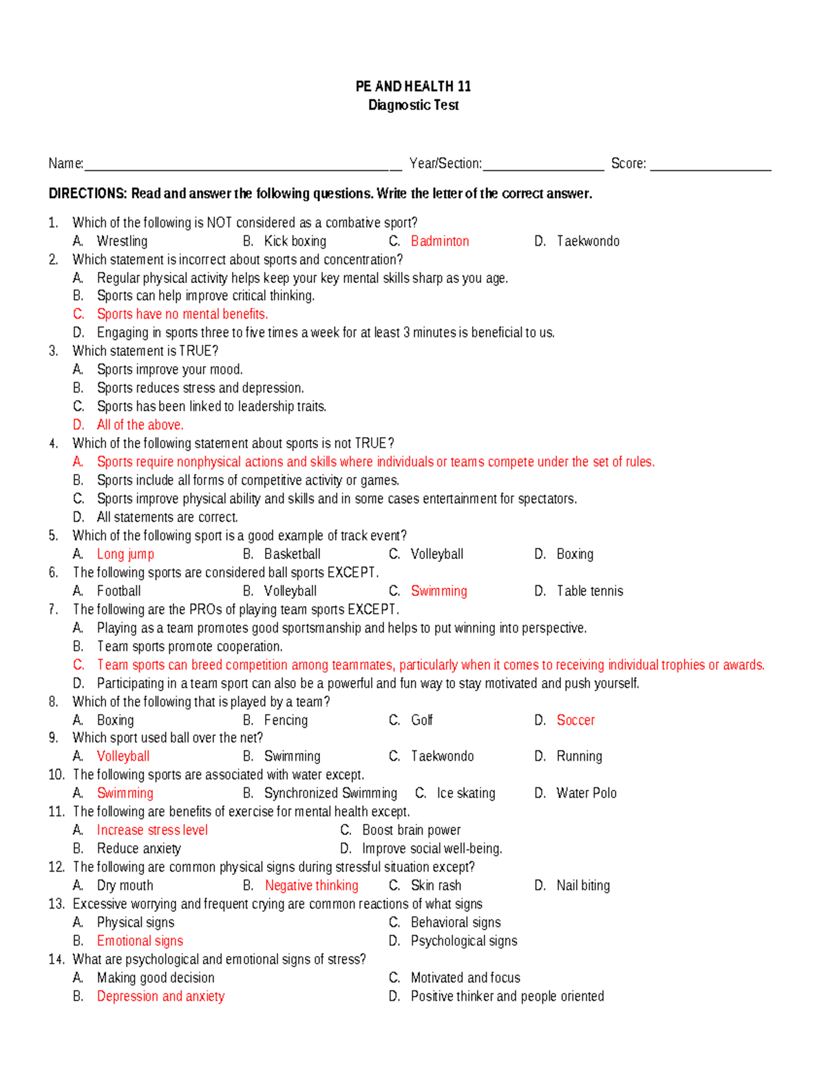 PE AND Health 11 Diagnostic TEST - PE AND HEALTH 11 Diagnostic Test ...