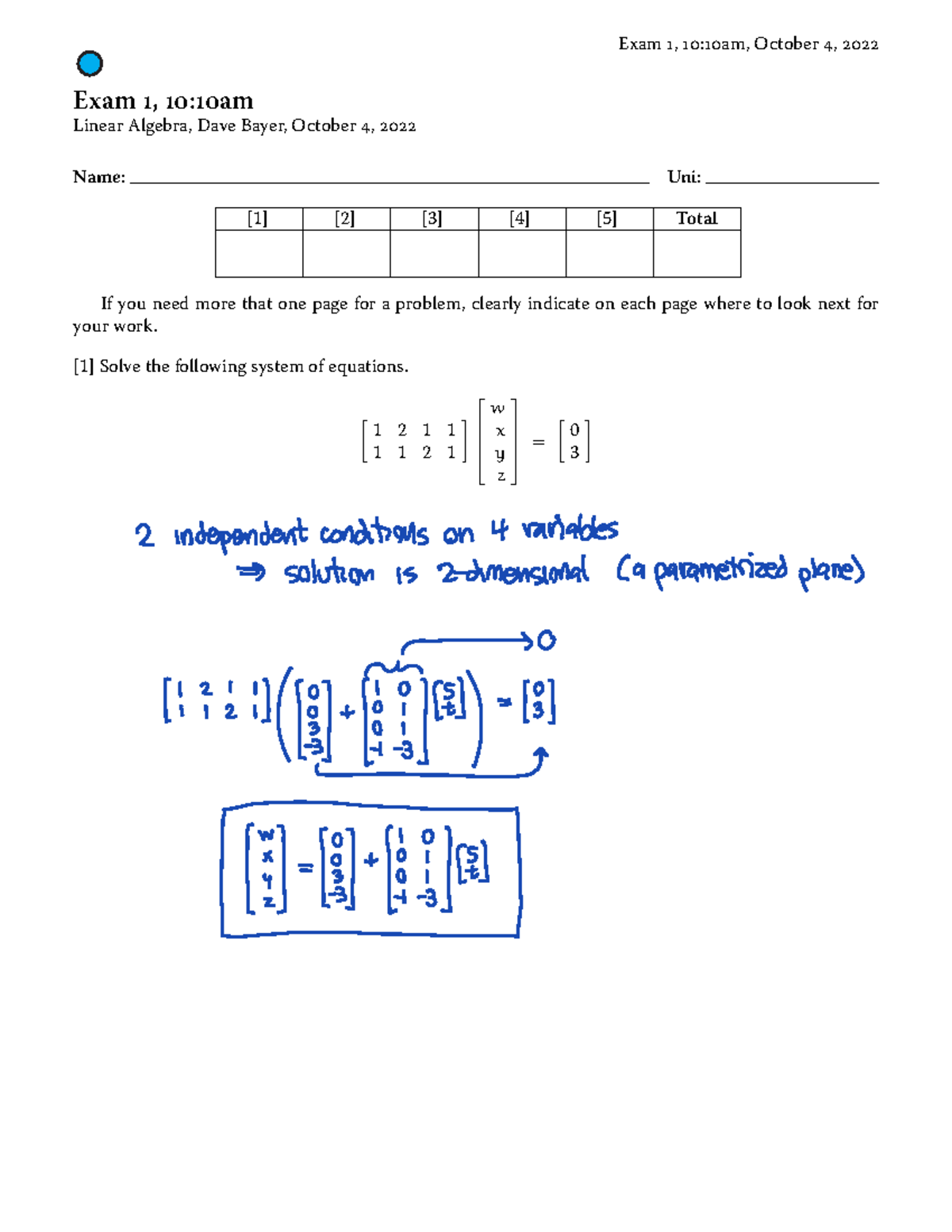 Exam1 1010 F22 Solutions Linear Algebra - Exam￿,￿￿:￿￿am Linear Algebra ...