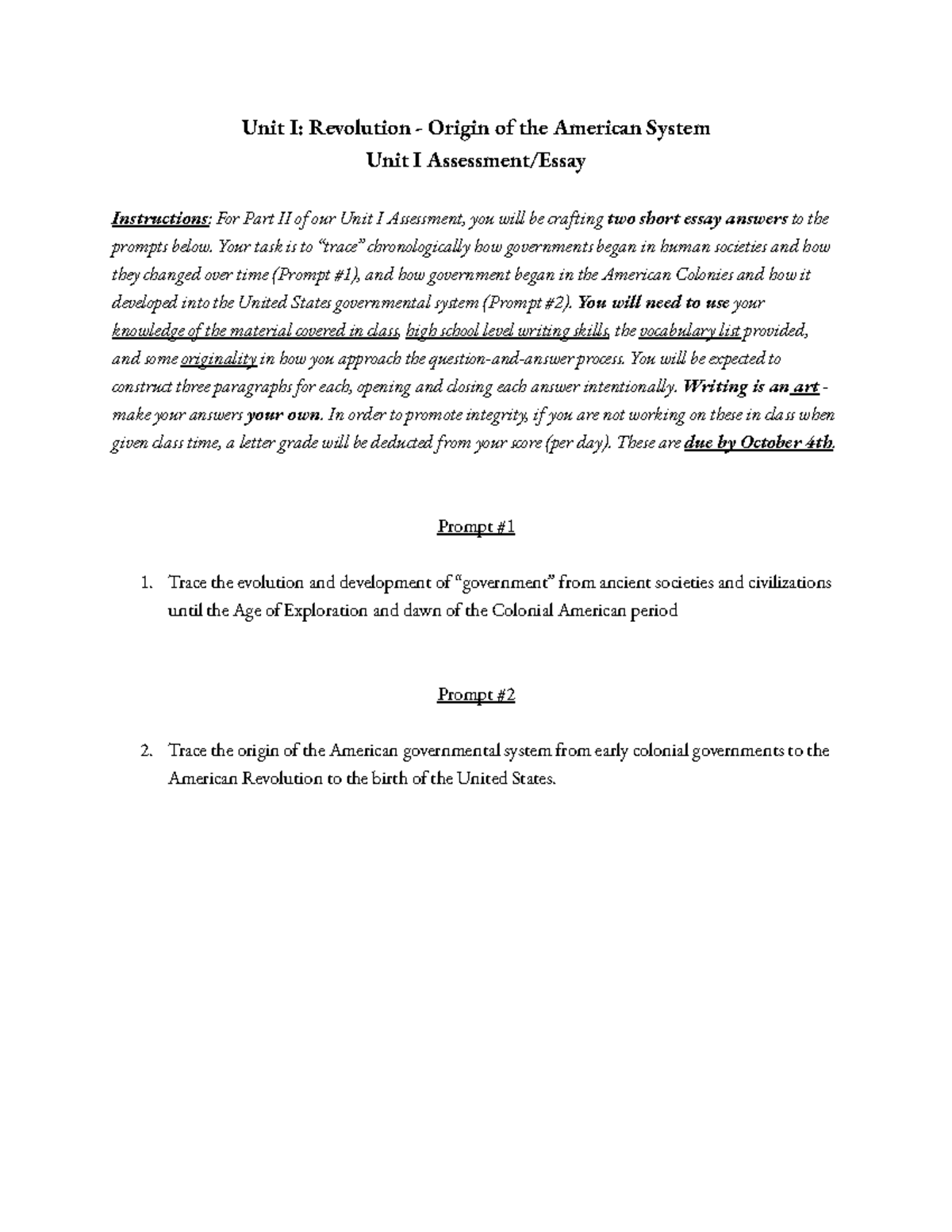 Unit I Assessment (Part 2 - Writing) - Unit I: Revolution - Origin of ...