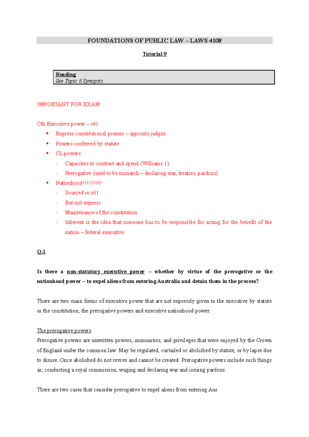 Tutorial 9 -Exec Power Pt 2- 2020 - FOUNDATIONS OF PUBLIC LAW – LAWS ...