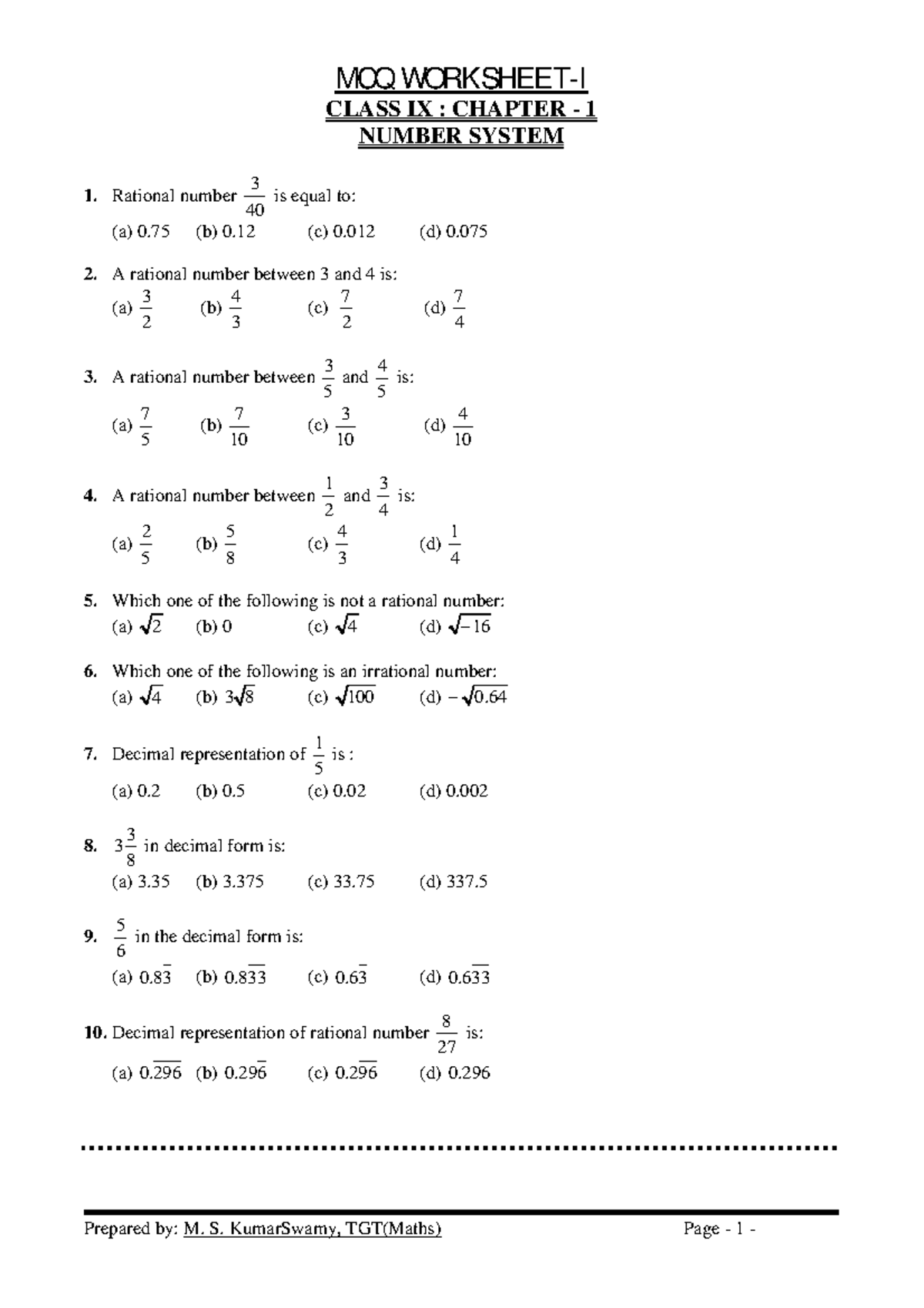 Maths Class IX Holiday HW for Summer Vacation 2024 - MCQ WORKSHEET-I ...