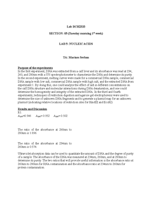 BCH2333 Lab 5 Report - Lab BCH Section: 02 (Monday morning 2nd week ...