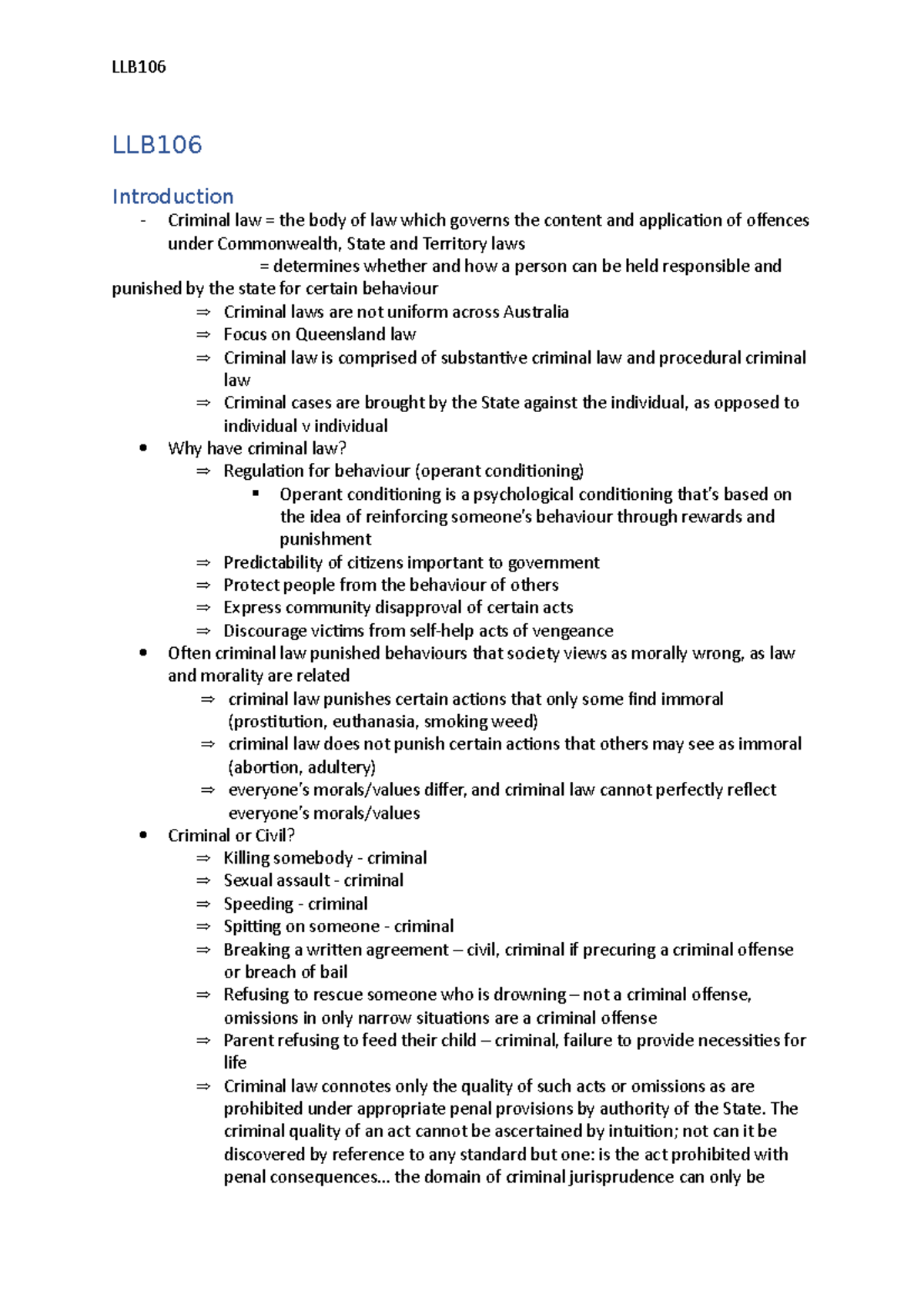 week 1-4 notes and tutorial - LLB Introduction Criminal law = the body ...