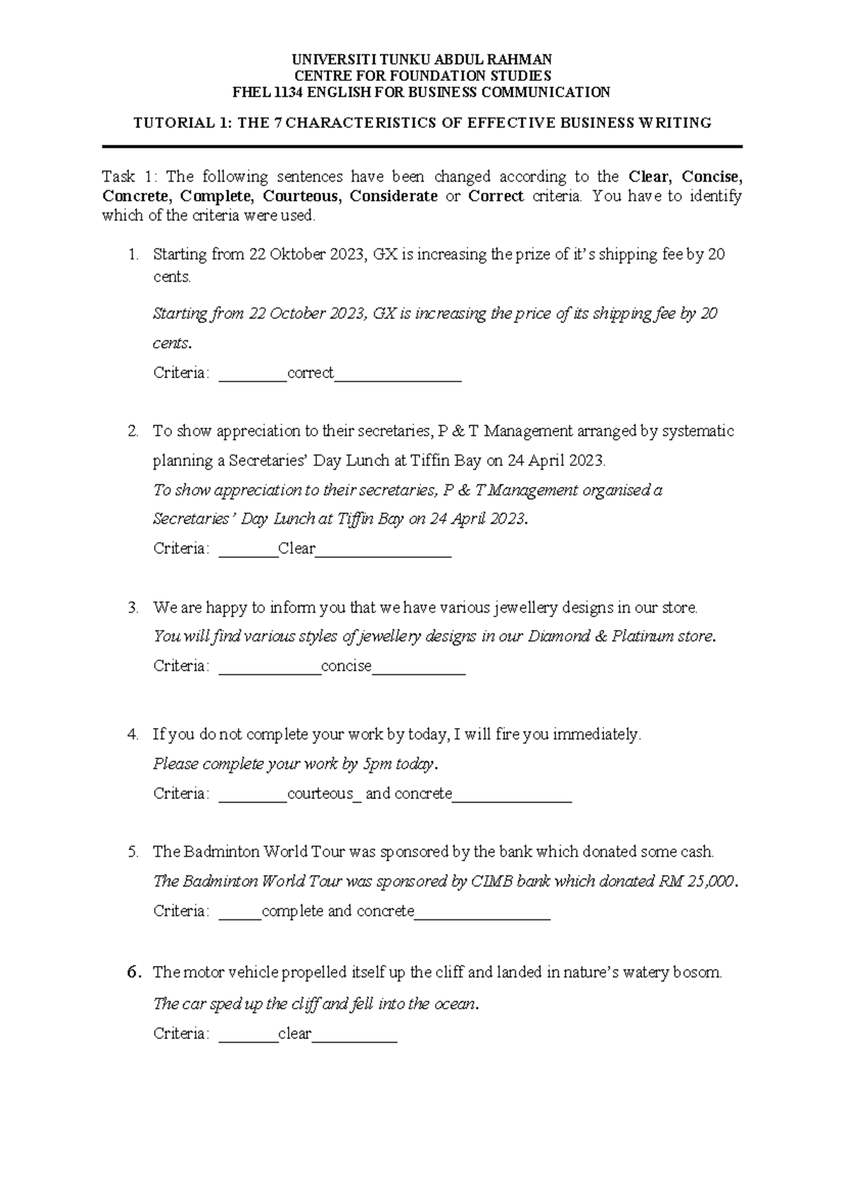 Tutorial 1 7Cs Answer - UNIVERSITI TUNKU ABDUL RAHMAN CENTRE FOR ...