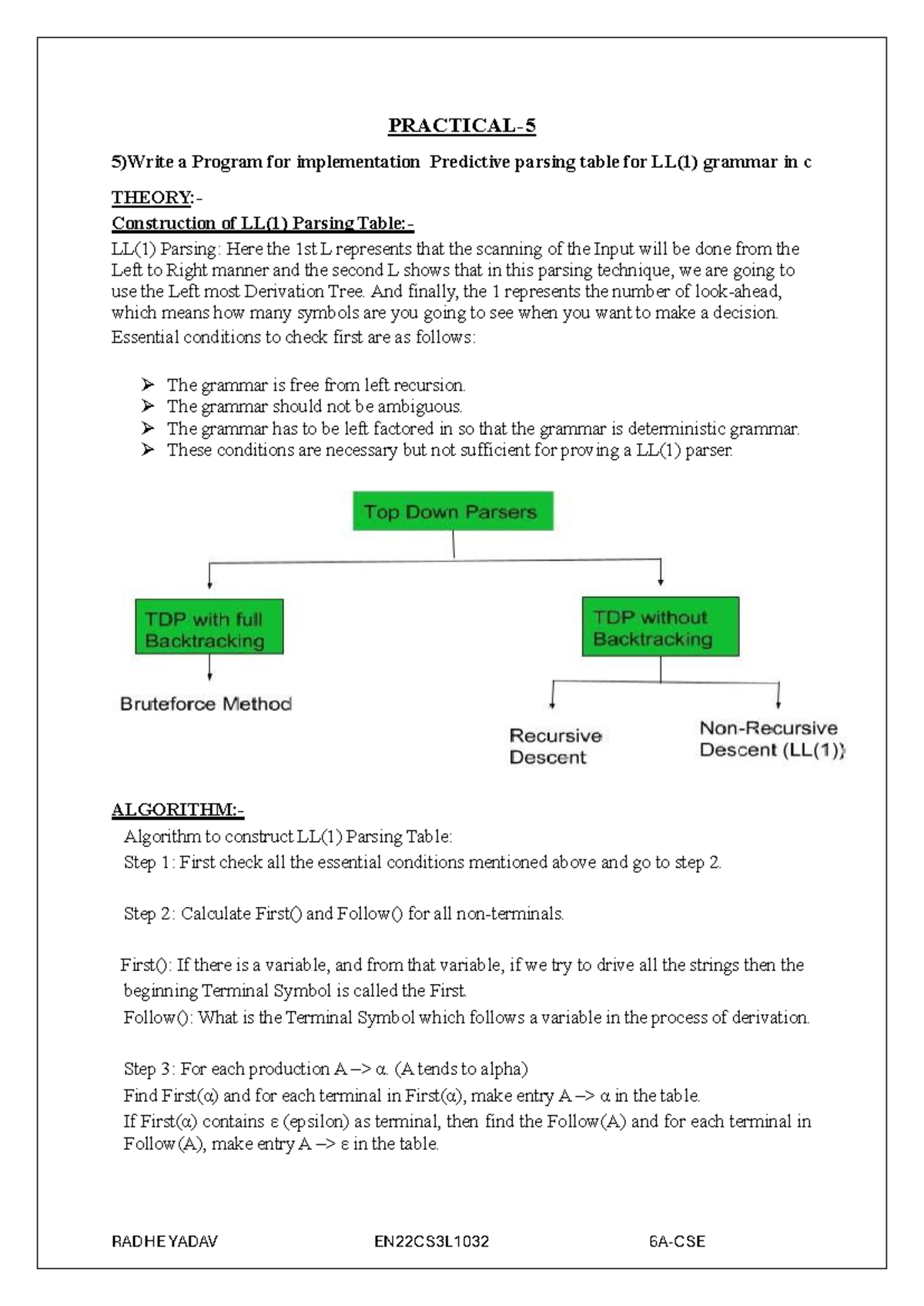Radhe 5-10 - PRACTICAL- 5 5)Write a Program for implementation Predictive parsing table for LL(1 ...
