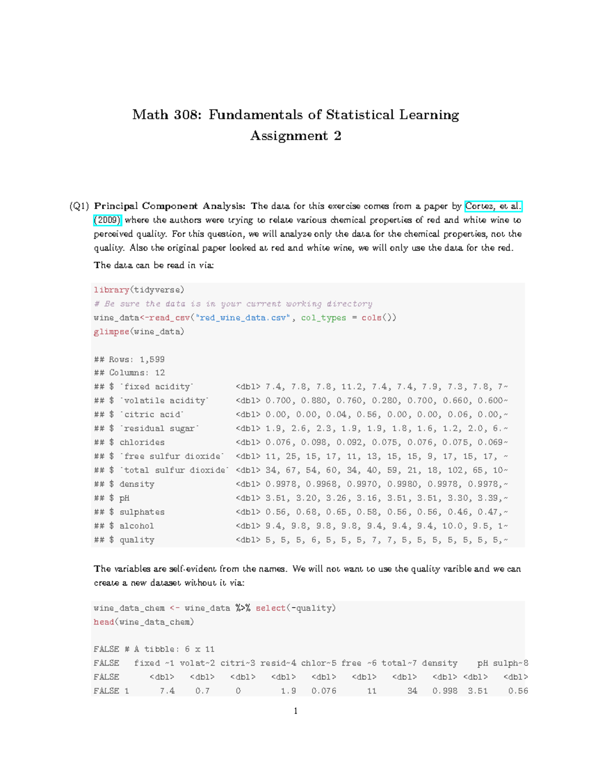 Q1- 308 assignment - Math 308: Fundamentals of Statistical Learning Assignment 2 (Q1) Principal ...