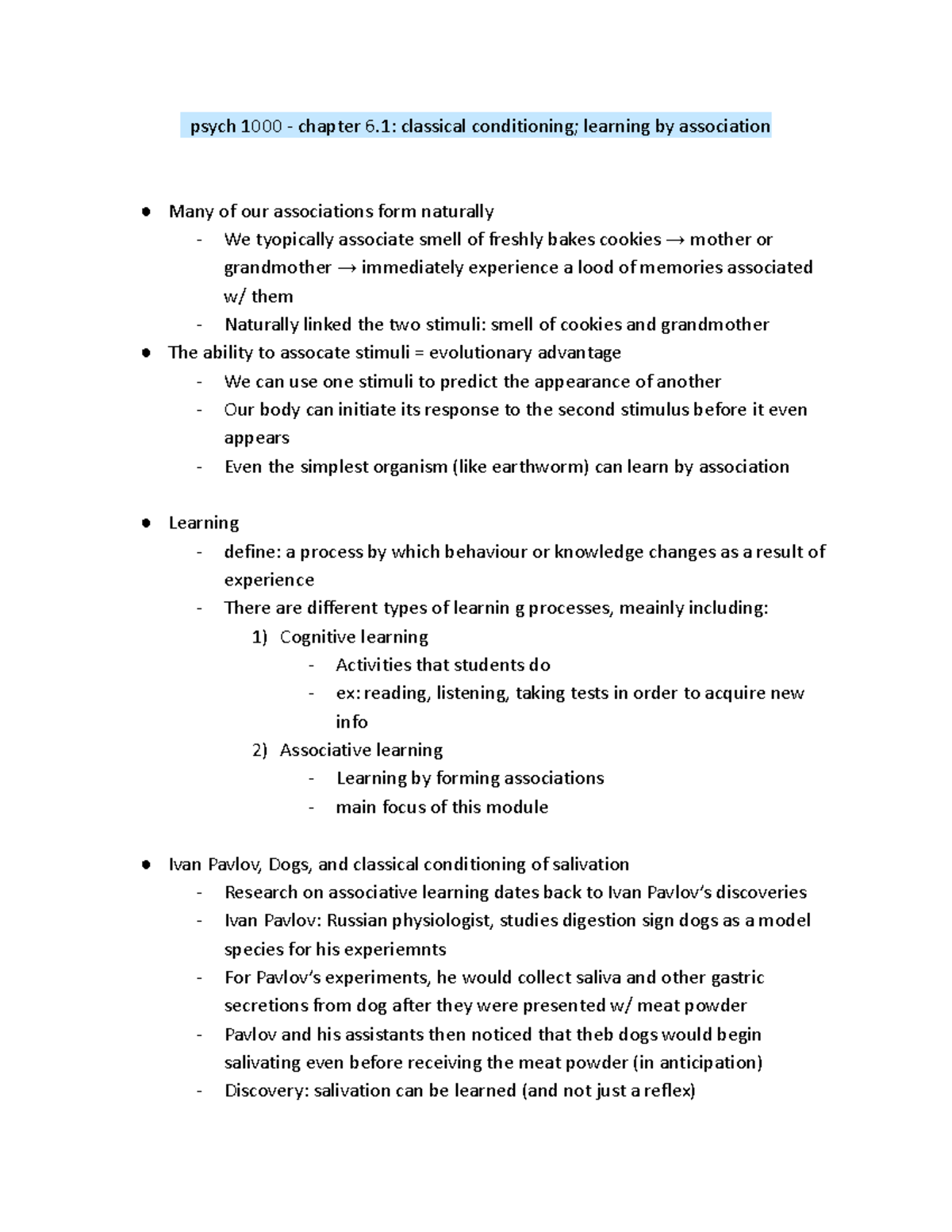 Psych 1000 - chapter 6.1 notes - psych 1000 - chapter 6: classical ...