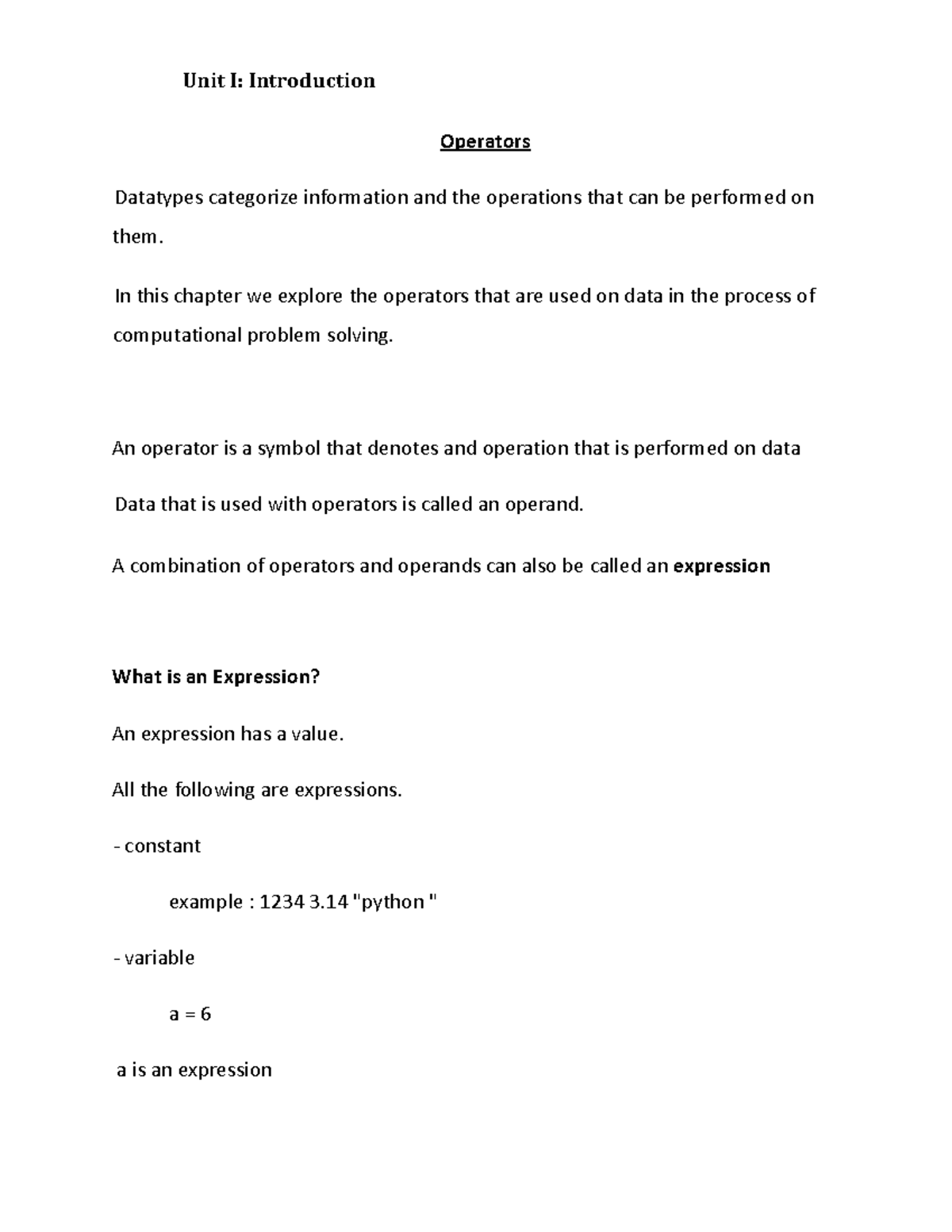 operators UNIT 1 - Unit I: Introduction Operators Datatypes categorize ...