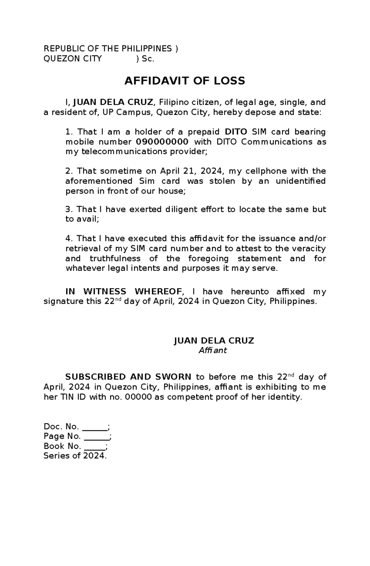 Affidavit of loss-dito sim - REPUBLIC OF THE PHILIPPINES ) QUEZON CITY ...