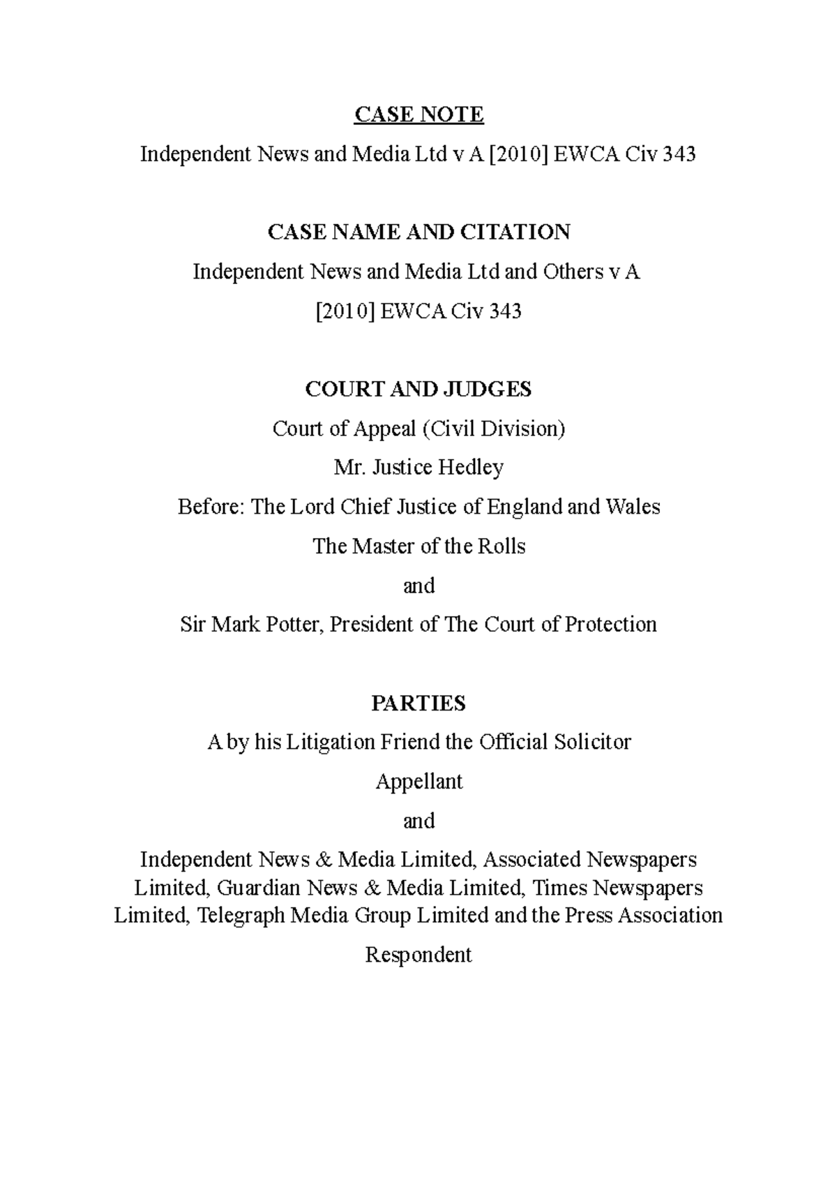 Independent News and Media Ltd v A [2010] EWCA Civ 343 - CASE NOTE ...